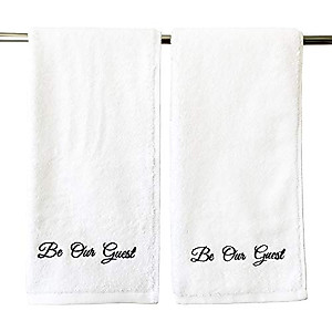 'Be Our Guest' Embroidered White Hand Towels for Bathroom with Gift Box - Set of 2 - Extra Absorbent 100% Cotton Hand Towel Set - 571GSM - 14 x 30 inches - Gifts for Bathroom - Be Our Guest Decor