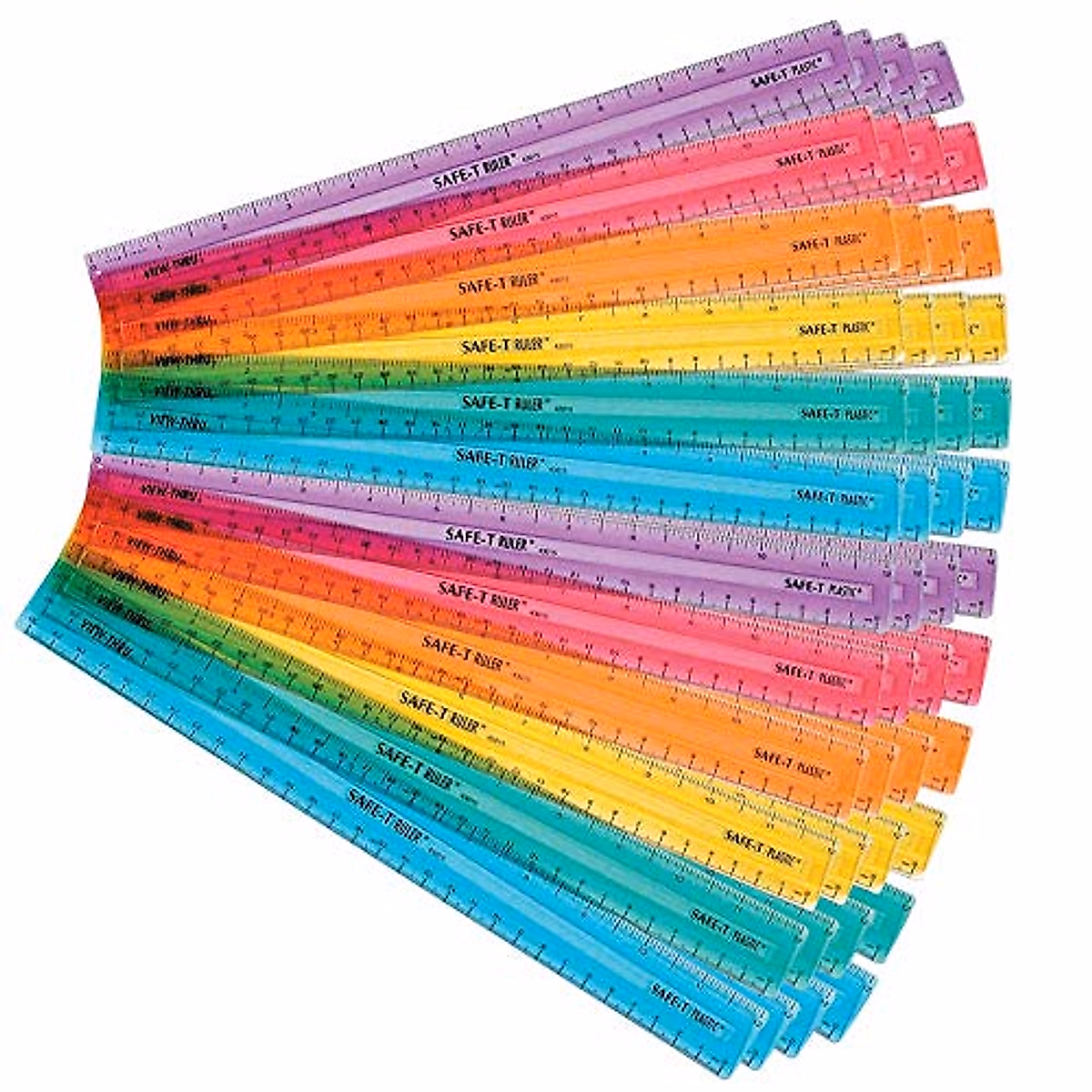 hand2mind 12 inch Multicolored, Transparent, Semiflexible Safe-T Plastic Rulers, Rainbow Clear Rulers for Kids, Flexible Ruler, Rulers for School, Unbreakable Rulers, Straight Edge Ruler (Pack of 48)