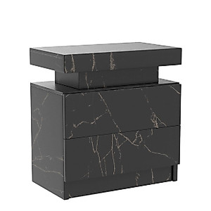 DobleCliCli LED Nightstands, Bedside Table with 2 Drawers, Modern Bedroom Furniture with Changing RGB Light & Remote for Bedroom and Living Room, Black Marble Pattern