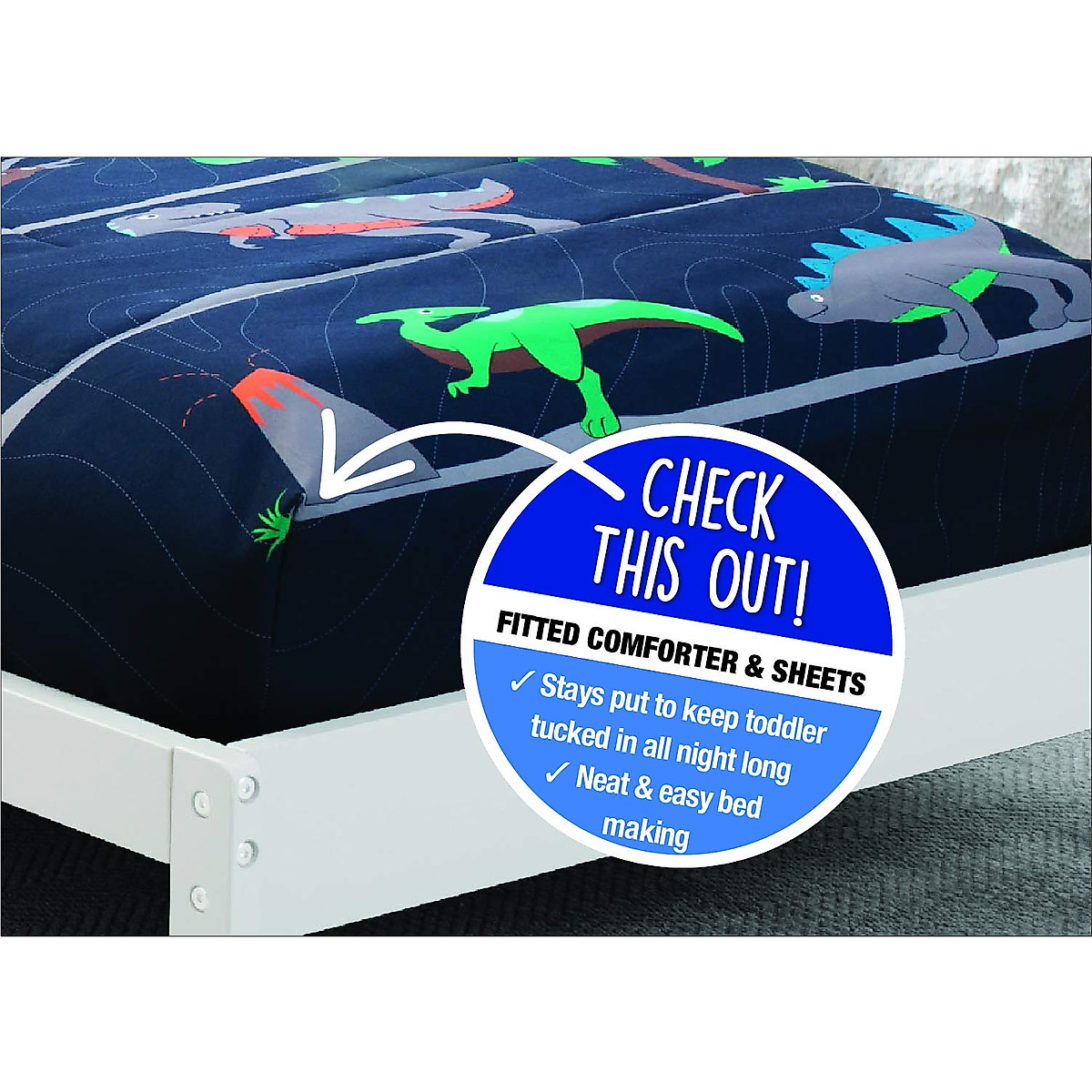 Delta Children 4 Piece Toddler Bedding Set for Boys - Reversible 2-in-1 Comforter - Includes Fitted Comforter to Keep Little Ones Snug, Bottom Sheet, Top Sheet, Pillow Case - Jurassic Dinosaur
