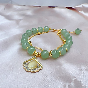 Natural Jade Bracelet for Women Hotan Jade Leaf Bracelet Natural 2-Layer Green Nephrite Jade Bracelet for Women Round Bead Design with Zircon Leaf Charm Bracelet,Lucky Jade Bracelet Ladies Jewelry (Ginkgo leaf)