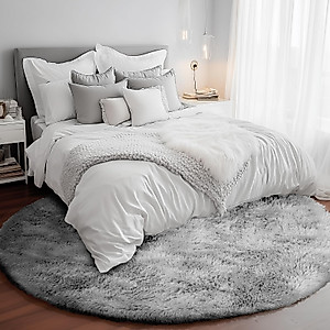 Puremy Round Rug for Bedroom, 5x5 Fluffy Circle Area Rugs for Kids Room, Soft Shaggy Circular Carpet for Nursery Living Room, Non-Slip Home Decor Rug for Teen's Room, Tie-Dye Light Grey