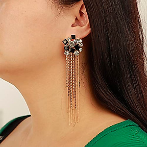 Kercisbeauty Metal Black Long Tassel Chandelier Gold Earrings Sparkle Crystal Women Prom Wedding Earrings (Black and Gold)