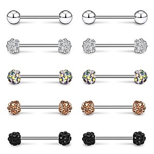 CrazyPiercing 10Pcs CZ Tongue Rings 16G Tongue Piercing with Straight Stainless Steel Barbell Bar Piercing Jewelry 14mm Length