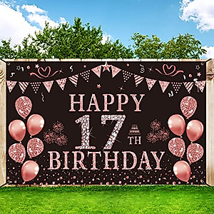 Trgowaul Happy 17th Birthday Decorations for Girls - Pink Rose Gold 17 Birthday Backdrop Banner，Seventeen Year Old Birthday Party Supply Photography Background Birthday Sign Poster Decor Gift Daughter
