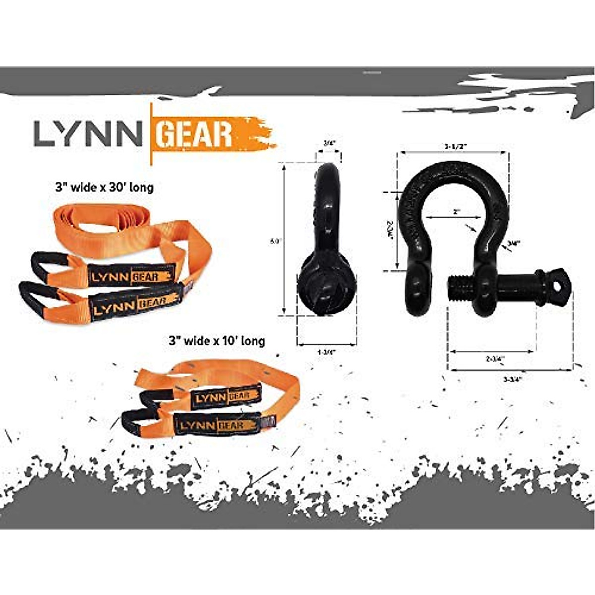 LYNN GEAR - 2PK Tow & Recovery Strap (32,000+ LB Break Strength) & D Ring Shackle Combo Kit | (1) 10' Strap, (1) 30' Strap, (2) Shackles & HD Tote | Vehicle Hauling, Offroad, Pickups & Trucks - Orange