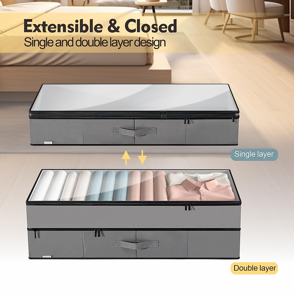 Supowin Large Under Bed Storage Containers, 2-Pack Double Layer Underbed Storage Bins with 3 Handles, 70L Extensible/Closed Clothes Storage Organizer with Sturdy Bottom Sidewalls, Dark Grey
