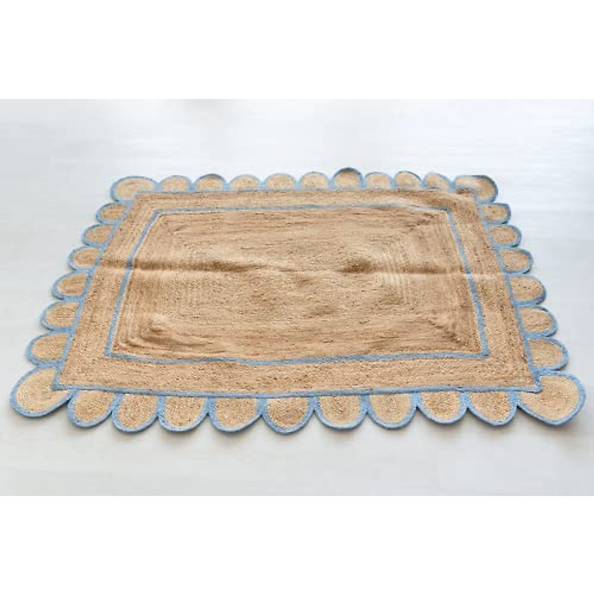 Rangneel Handloom Scalloped Sky Blue Border Jute Rugs, Scallop Boho Decor Handmade Rectangle Jute Rug (2x3 Feet)