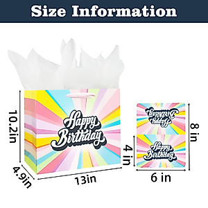 13" Large Happy Birthday Gift Bag with Handles, Tissue Paper and Card (Colorful Rainbow)