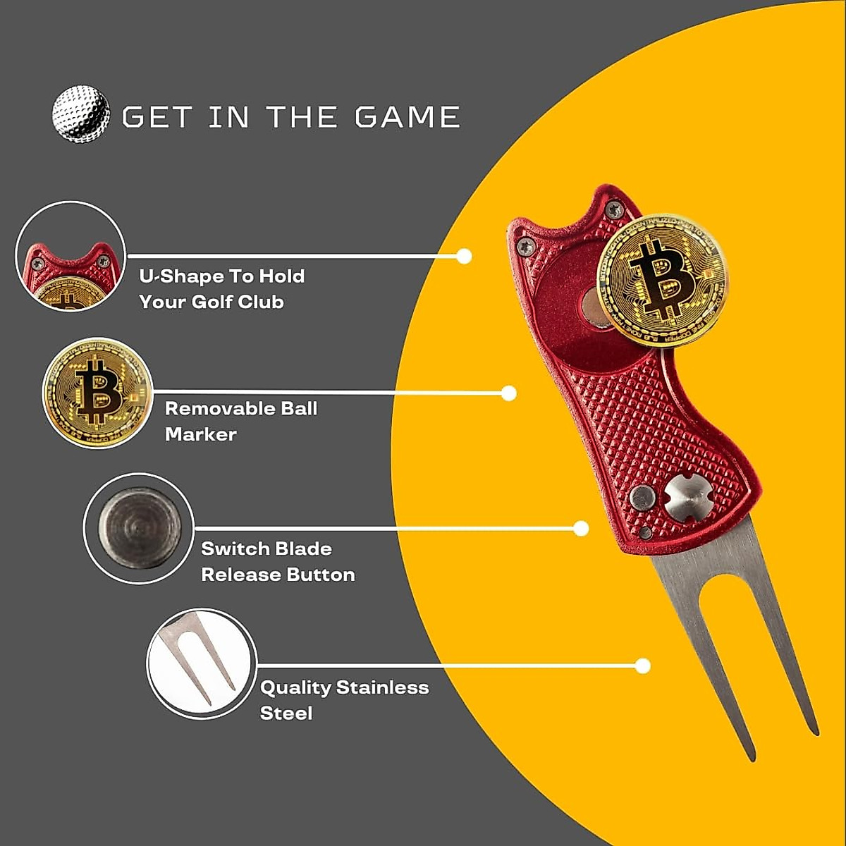 HODL 21 Bitcoin Golf Divot Repair Tool, All-Metal Golf Accessories - 3- in-1 Golf Multitool (Divot Tool, Ball Marker, Club Holder) | Foldable with with Pop-up Button & Magnetic Ball Marker