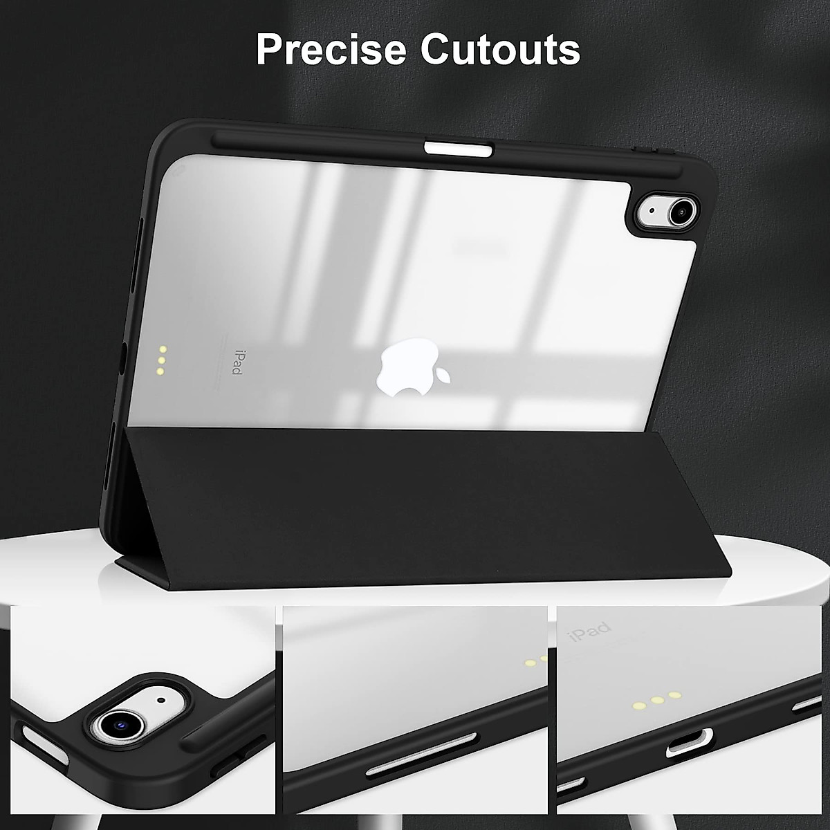 iCatchy for iPad 10th Generation Case (10.9 Inch 2022) Ultra Slim Hard Back Clear Cover With Tri-fold Stand (Black)