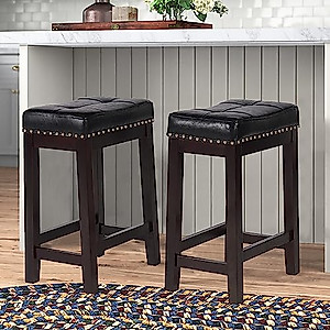 Backless Bar Stools Set of 2, 24 Inch Saddle Seat Bar Stools Counter Height with Footrest, PU Leather Kitchen Counter Stools Set of 2(Brown)