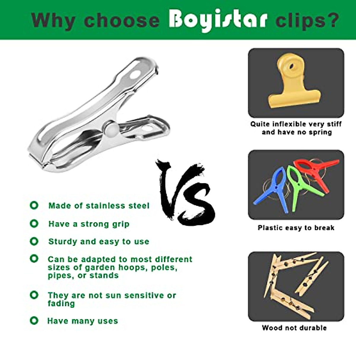 40 PCS Garden Clips, Boyistar Grip Strong Heavy Duty Greenhouse Clamps Clips Made of Stainless Steel for Plant Cover or Shade Cloth on Garden Hoops or Greenhouse Frame