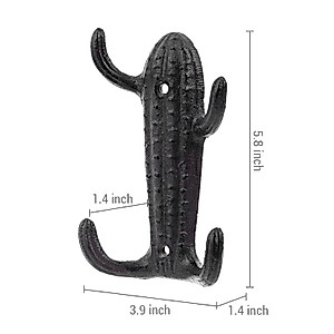 MyGift Vintage Dark Brown Cast Iron Coat Hooks, Southwestern Style Cactus Shape Wall Mounted Entryway Hanging Hook or Bathroom Towel and Robe Hangers, Set of 2