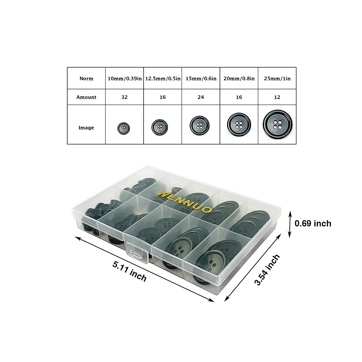 Wennuo 100Pcs Black Sewing Buttons,4-Hole Craft Buttons, 5 Sizes ,with Compartment Storage Box, Suitable for Sewing,Suit Coat Shirt Buttons，DIY Decoration (Black)