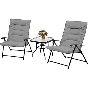 Oakcloud 3-Piece Patio Bistro Set Padded Folding Chair Set Adjustable Reclining Lounge Chairs with Cushion & Tempered Glass Coffee Table, Grey