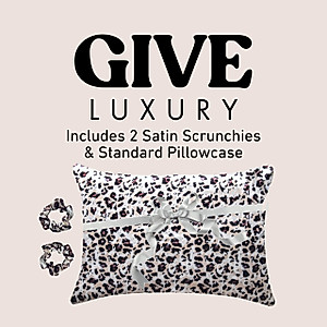 Satin Pillowcase for Hair and Skin by Fenrici, Includes 1 Queen Size Satin Pillow case, 2 Matching Scrunchies, Luxury Beauty Sleep Set, Leopard Print, Pink, Queen/Standard, Gift for Her