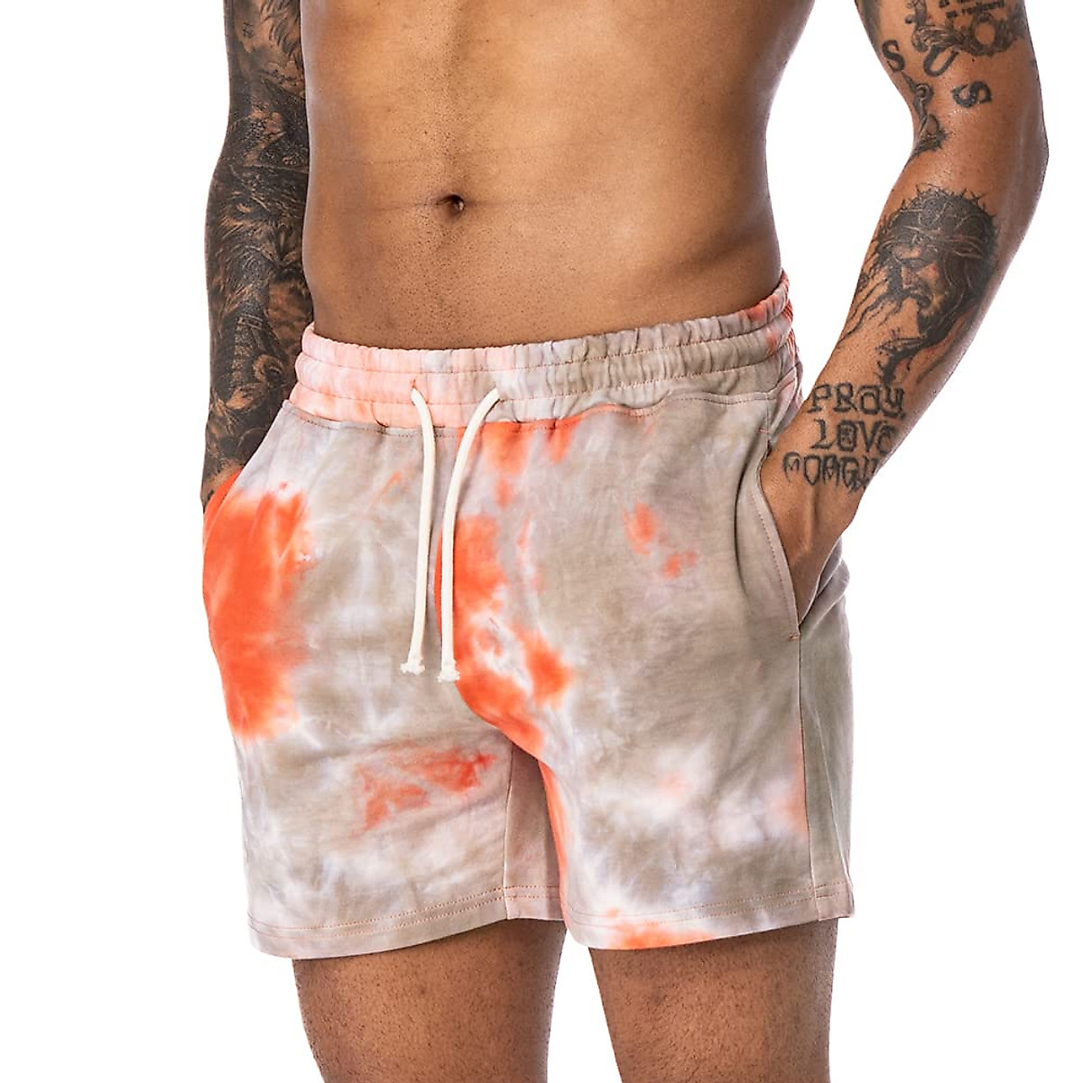 AIMPACT Men's Tie Dye Shorts Bodybuilding Workout Cotton Gym Shorts with Pockets(OrangeGrayS)