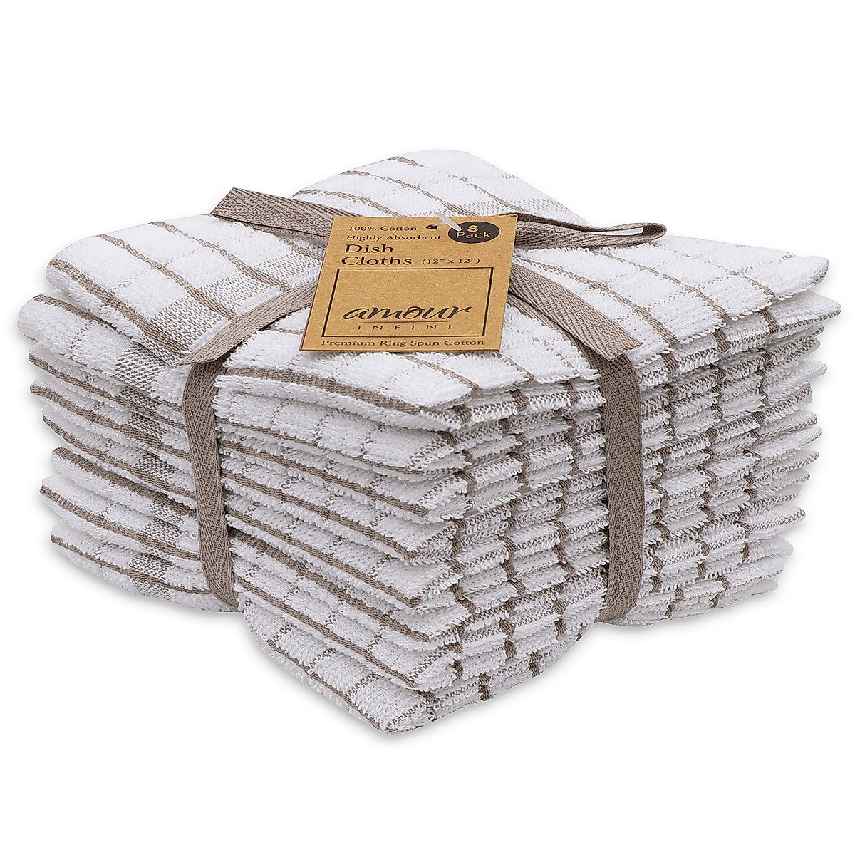 AMOUR INFINI Terry Grid Dish Cloths Pack of 8 Highly Absorbent, Quick Dry Dish Rags Super Soft Premium Kitchen Dish Cloth for Washing Dishes Dish (12x12 Inch - Beige)