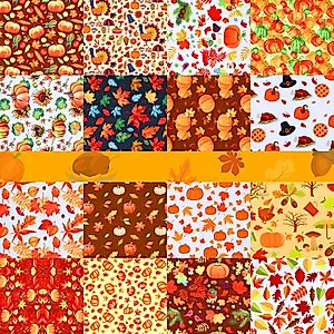 Tatuo 16 Pieces Thanksgiving Fabric Fall Fabric Fat Fabric Bundles Craft Plaid Fabric Squares Patchwork with Pumpkin Maple Patterns for Autumn DIY Sewing Quilting Crafts, 10 x 10 Inch(Vivid Pattern)