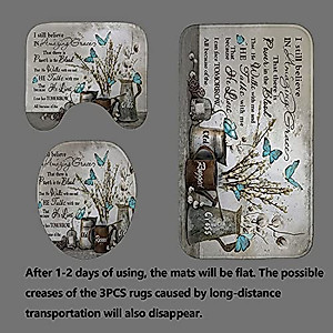 OLEBETY 4PCS/Set Inspirational Quotes Shower Curtain, Blue Butterfly White Cotton Flower Vintage Floral Country Rustic Farmhouse Bathroom Decor, Non-slip Bath Mat, Amazing Grace