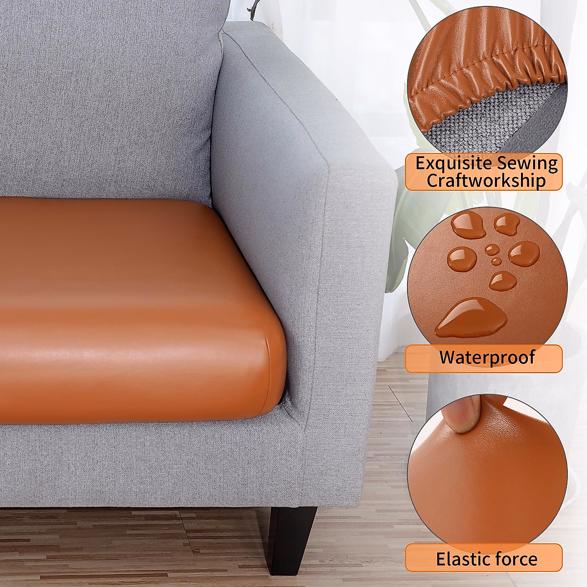 YISUN PU Leather Couch Cushion Sofa Cover, Waterproof Stretch Couch Cushion Slipcovers, Faux Leather Sofa Slipcovers Loveseat Couch Replacement Chair/Furniture Protector,3 Pack,Light Brown