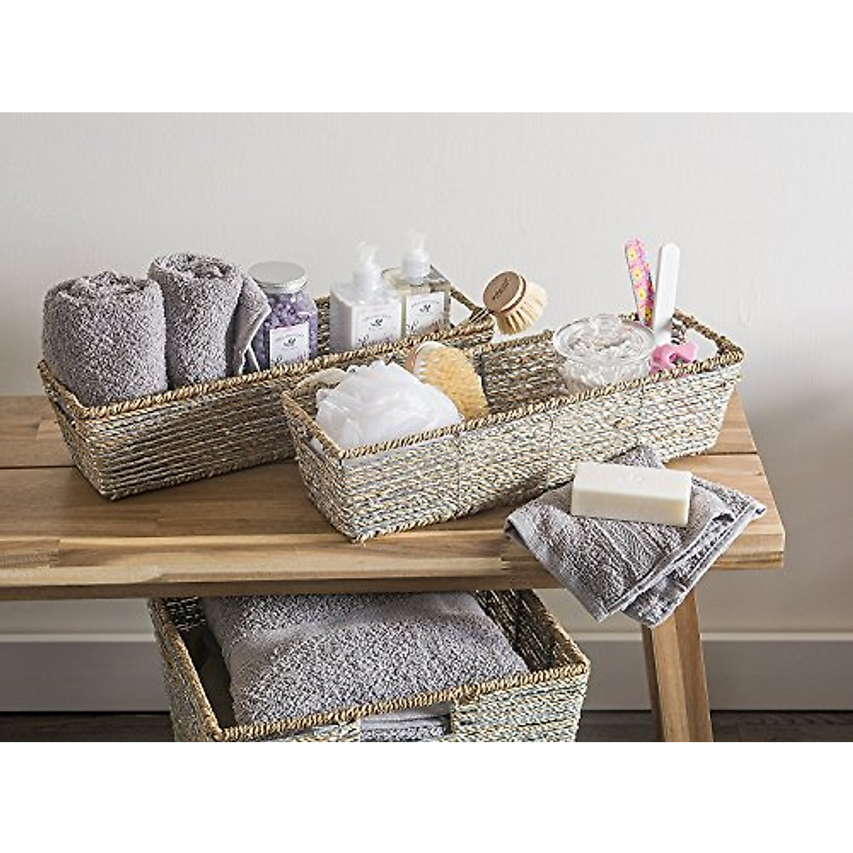 DII Trapezoid Seagrass Metallic Basket, 16x5x4-Set of 2, Silver