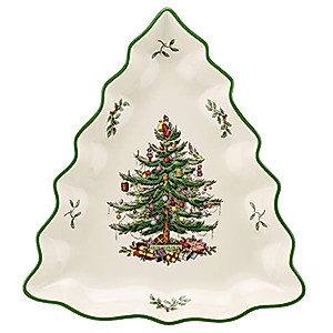 Spode Christmas Tree Collection Tree Shaped Dish, 10-Inch, Made of Porcelain, Serving Dishes, Christmas Tree Design, Green/Beige, Dishwasher and Microwave Safe