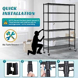 Dkeli Metal Shelves Garage Shelving Wire Shelving Unit with Wheels, 6000lbs Weight Capacity Heavy Duty NSF Height Adjustable Storage Shelves 6 Tier Steel Commercial Grade Wire Rack, Black