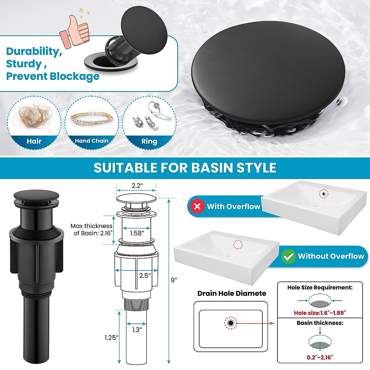 gotonovo Single Handle Vessel Sink Faucet 360° Swivel Bathroom Faucet One Hole Farmhouse Lavatory Vanity Faucet Bowl Sink Mixer Tap with Pop Up Drain, Matte Black