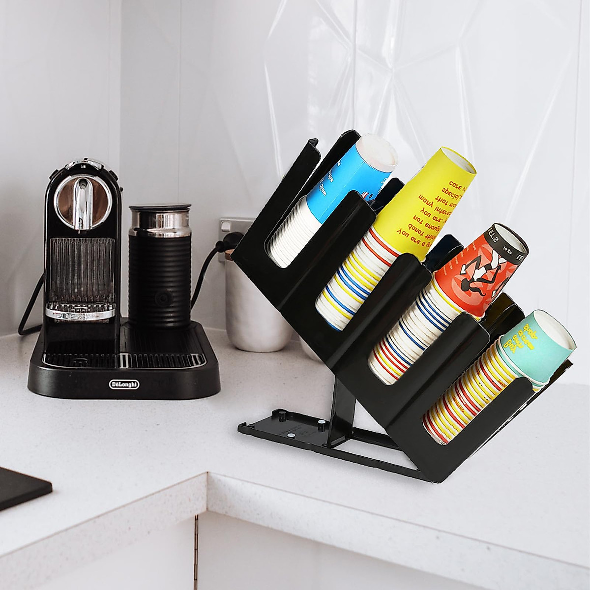 2 Pack Disposable Paper Cup Dispenser, Adjustable Coffee Cup and Lid Holder, 4 Compartment Coffee Cup and Lid Storage Organizer Holder for Countertop Coffee Station Bar Restaurant Breakroom, Black