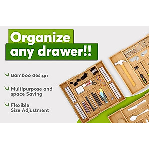 Nature Gear Kitchen Drawer Organizer - 9 Section Expandable Bamboo Storage for Flatware - Housewares - Bath & Vanity - Tool Utility Caddy Adjustable Tray