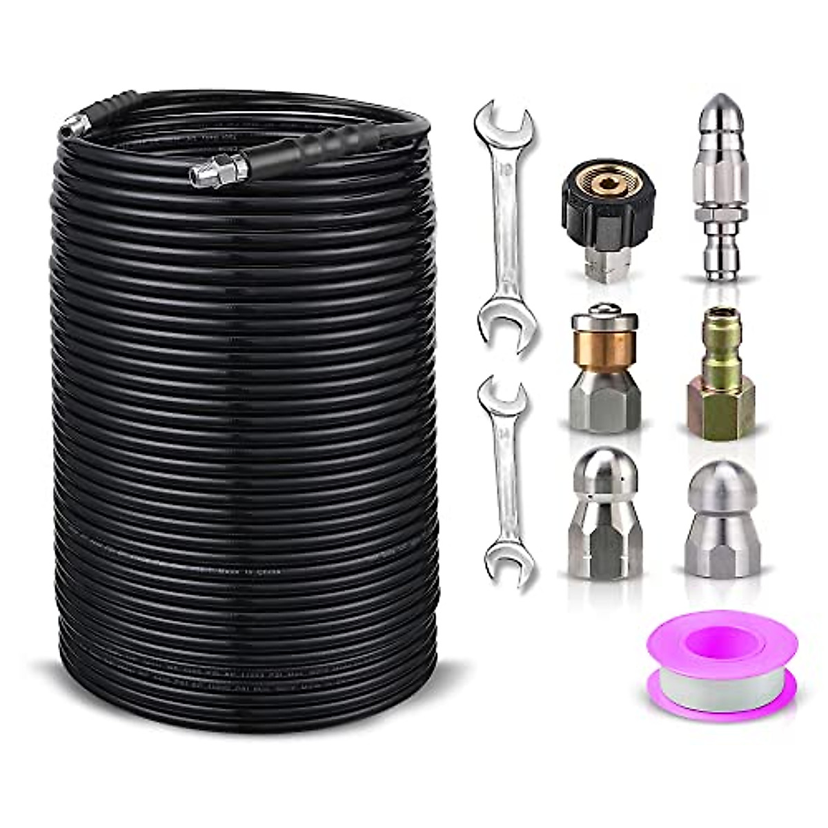 Sewer Jetter kit for Pressure Washer, 200 feet Hose, 1/4 Inch Drain Cleaning Hose,Button Nose & Rotating Sewer Jetting Nozzle,Sewer Jet kit for Pressure Washer,Jetter Hose, 4.5, 5.5, 4000 PSI (Black)