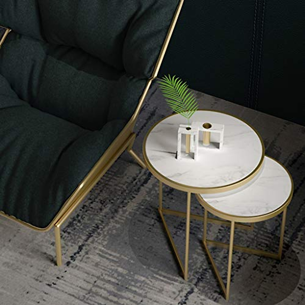 Articles for daily use Nesting Coffee Table White Living Room Coffee Table, Slate Sofa Side Coffee Table Round Coffee Table, Matte Gold Metal Frame Home Decoration 2 Piece Bedside Table