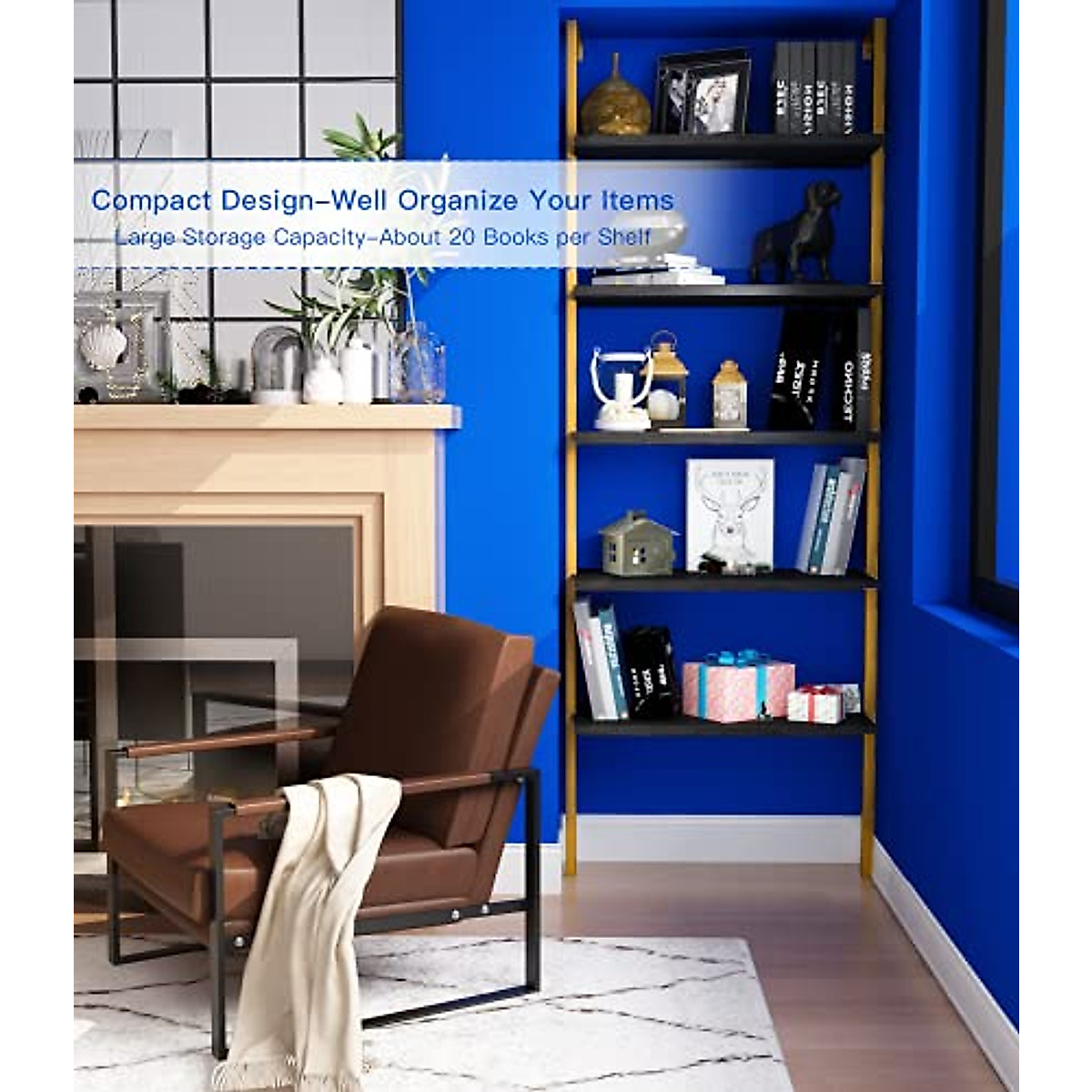 DKLGG 5-Tier Book Shelf Rack Against The Wall, Tall Ladder Shelf Wooden Bookcase Metal Frame Storage Plant and Flower, Single Standing Bookshelf Ladder ​for Living Room, Bedroom, Balcony, Home Office