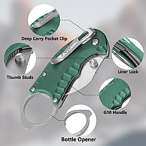 FLISSA 4" Small Folding Pocket Knife, Lightweight Utility Knife, Green G10 Handle, EDC Pocket Knife with 8Cr13MoV Steel Blade, Carry Pocket Clip, Bottle Opener and Flat Head Screwdriver, Liner Lock