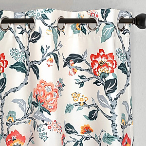 DriftAway Ada Floral Botanical Print Flower Leaf Lined Thermal Insulated Room Darkening Blackout Grommet Window Curtains 2 Layers Set of 2 Panels Each 52 Inch by 84 Inch Ivory Orange Teal