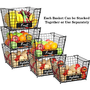 3 Tier Foldable Wire Basket XXXL Size, Stackable Fruit Vegetable Storage Basket with Name Plate Standing Metal Mesh Bin Organizer for Kitchen Counter Pantry Cabinet 14.1''L x 12.5''W x 23.6''H