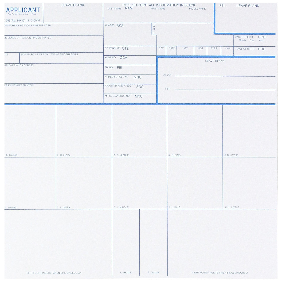 Federal Bureau of Investigation CS-10PK Fingerprint Cards, Applicant Fd-258, Pack of 10