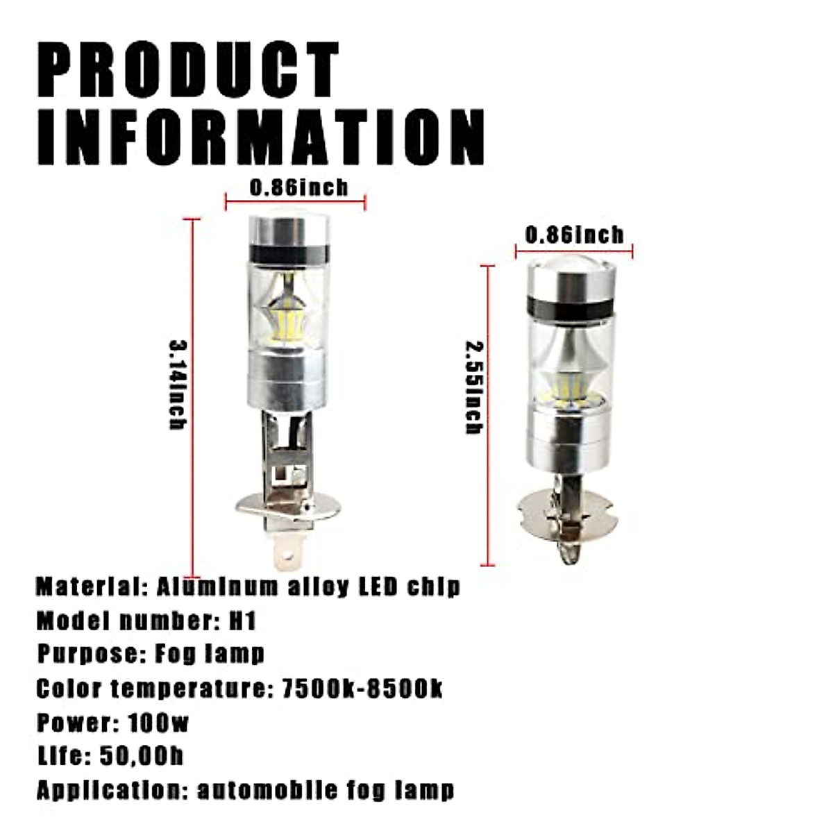 cueclue Pack-2 H1 LED Car Fog Light Bulb, 12V 100W High and Low Beam, 7500K 360° Beams Car Headlight for Most Cars SUVs Trucks (White)