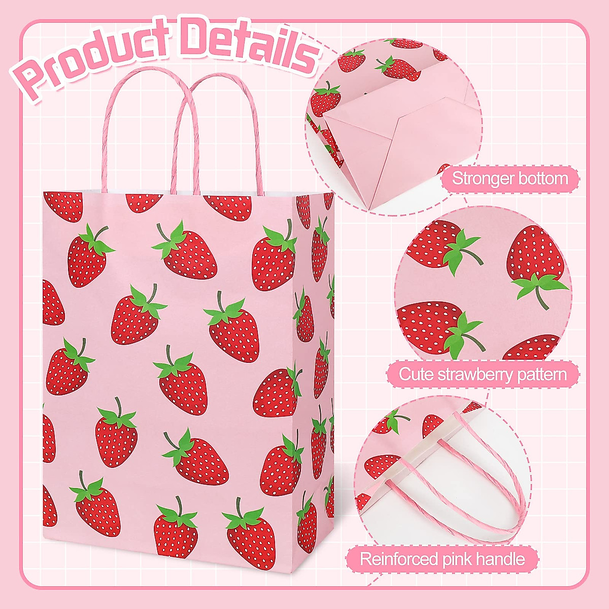Whaline 24 Pack Strawberry Gift Bags with Handles Red Pink Paper Goody Bags for Party Berry Sweet Birthday Baby Shower Decoration