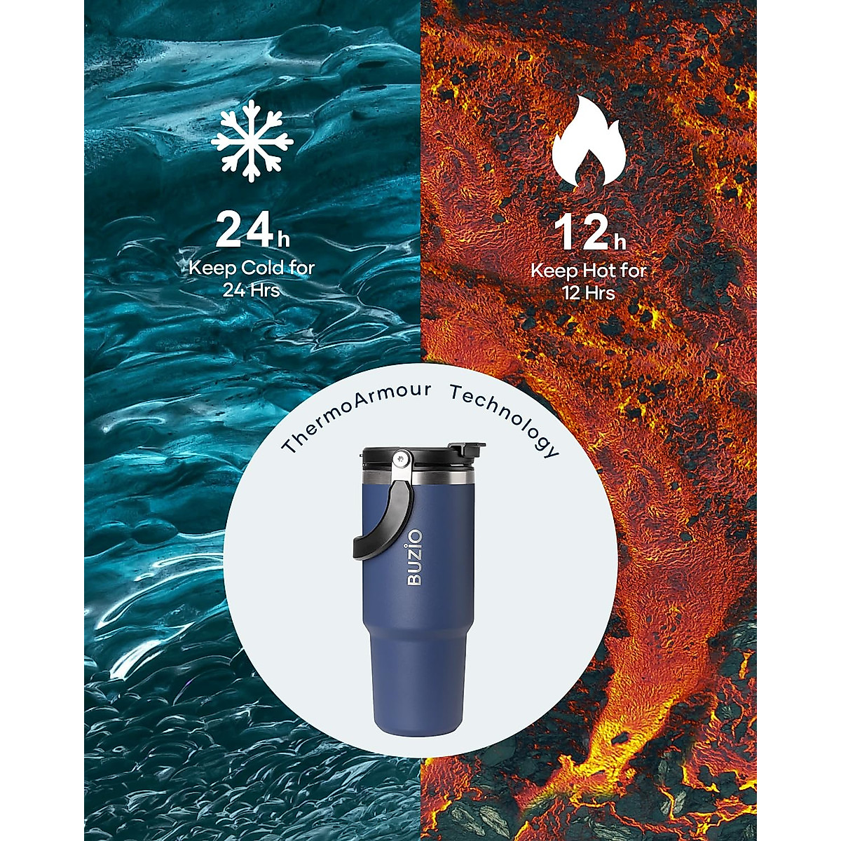 BUZIO 40 oz Tumbler with Handle & Insulated Water Bottle with Chug Lid