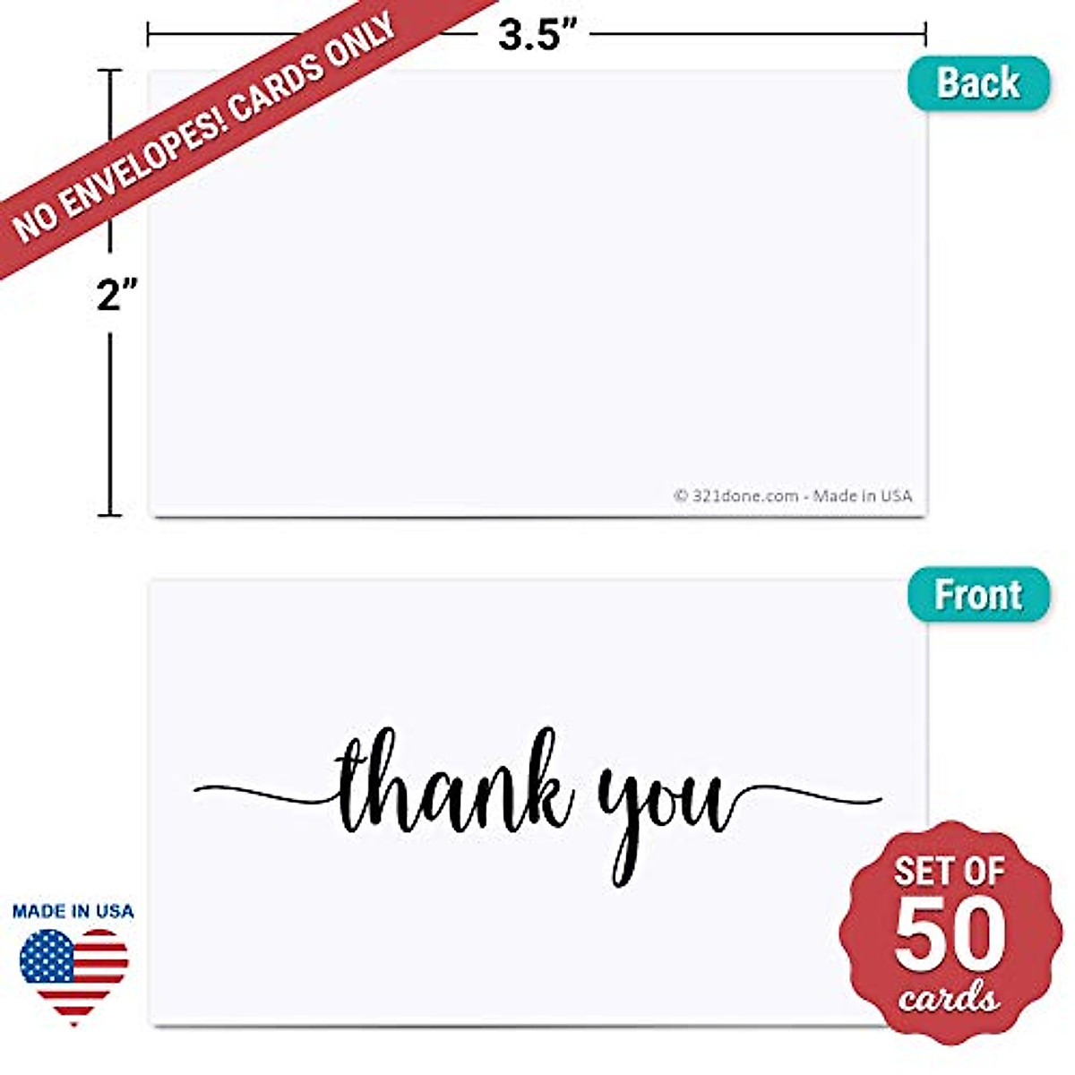 321Done Thank You Notecards Small (Set of 50) Business Card Size 3.5" x 2" - For Gifts, Parties, Weddings, and Any Occasion- Made in USA - White