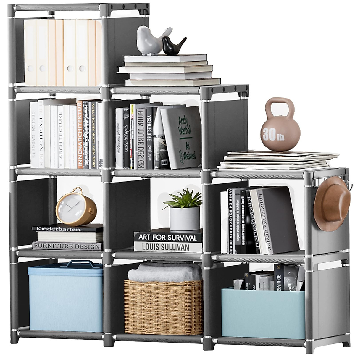 Mavivegue 9+18 Cube Modern Industrial DIY Bookcase, Metal Cubical Book Shelf, Tall Storage Organizer for Bedroom, Living Room, Office, Closet, Black Cubicle Storage Rack-Grey