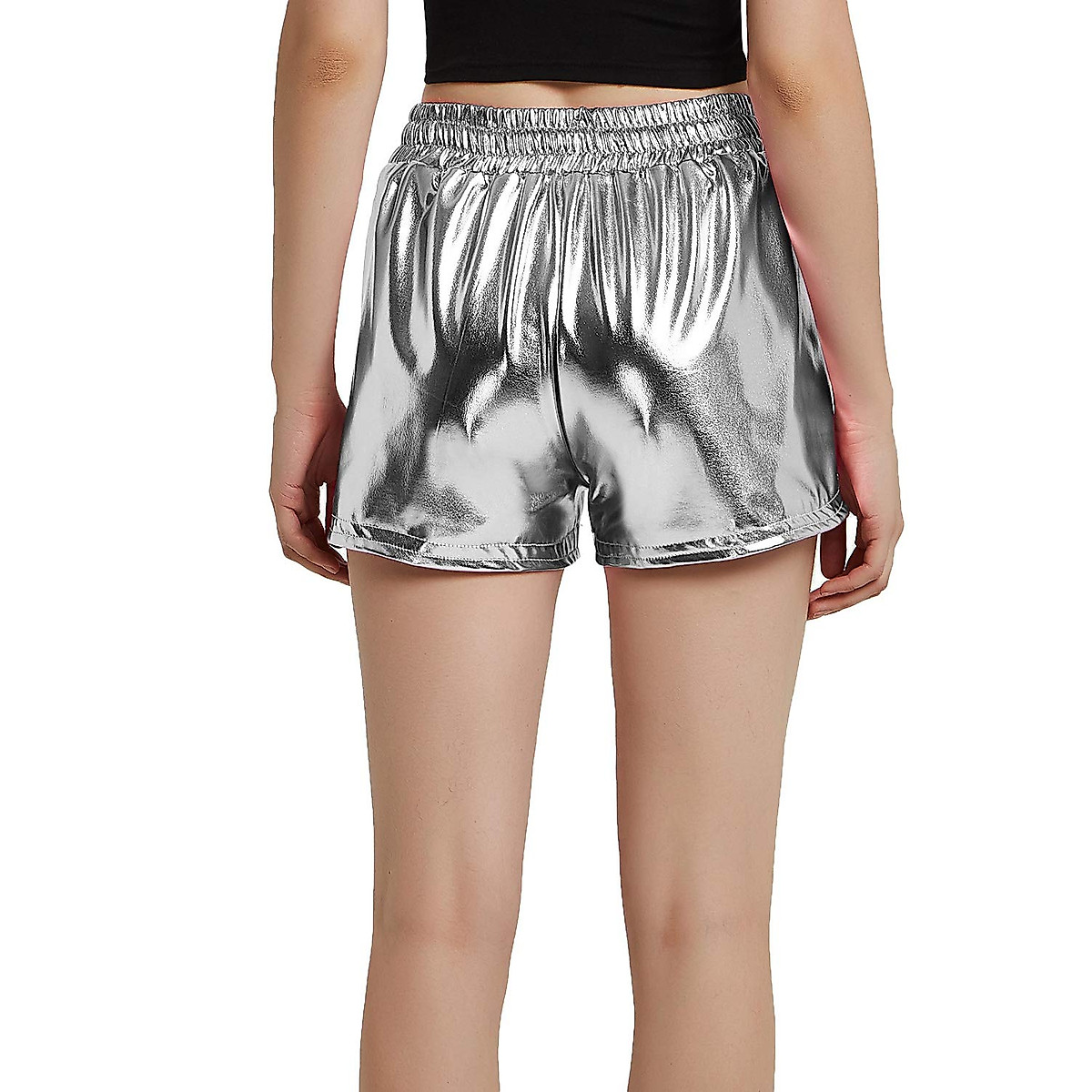Women's Metallic Shorts Yoga Shiny Sparkly Hot Drawstring Outfit Short Pants L