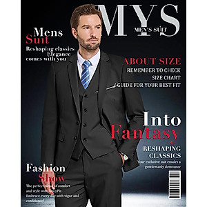 MY'S Men's 3 Piece Slim Fit Suit Set, Two Button Blazer Jacket Vest Pants with Tie, Solid Wedding Dress Tux and Trousers Black Small