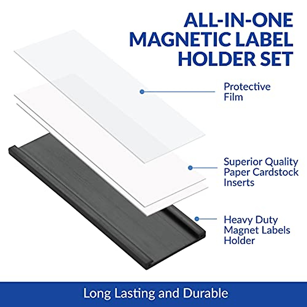 50 Pack"C" Channel Magnetic Label Holders 1x3 with 100 White Card Inserts, 50 Clear Plastic Protectors and Bonus 20 Colorful Cardstock Inserts in Blue, Green, Yellow and Red - Double-Sided Cards