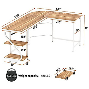 Weehom Reversible L Shaped Desk with Shelves Large Corner Computer Desks for Home Office Writing Workstation Wooden Desk Table, Walnut+White Leg