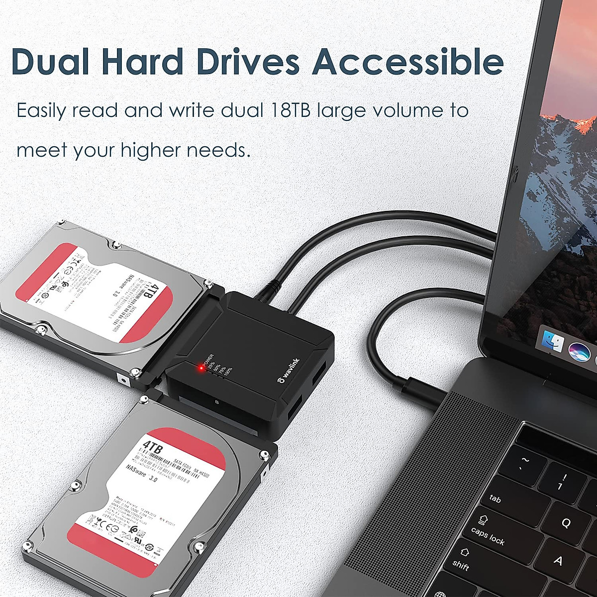 WAVLINK SATA III to USB Adapter Cable, USB C to Dual Bay SATA 3 Converter for 2.5"/3.5'' External Hard Drive HDD/SSD Connector with 2X USB Ports and 12V Power Adapter, Max 2x18 TB