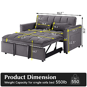 SPOWAY 3 in 1 Sleeper Sofa Couch Bed, Velvet Convertible Sofa Bed with Armrests, Storage Pockets & 2 Pillows, Modern Sofa Bed Couch for Living Room Apartment Bedroom Office, Dark Grey